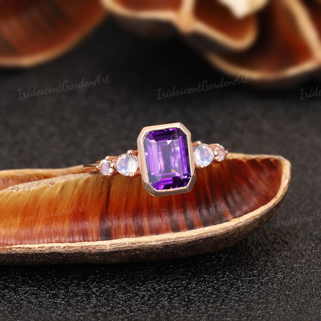 Unique Amethyst Engagement Ring Rose Gold Minimalist Solitaire Wedding ...