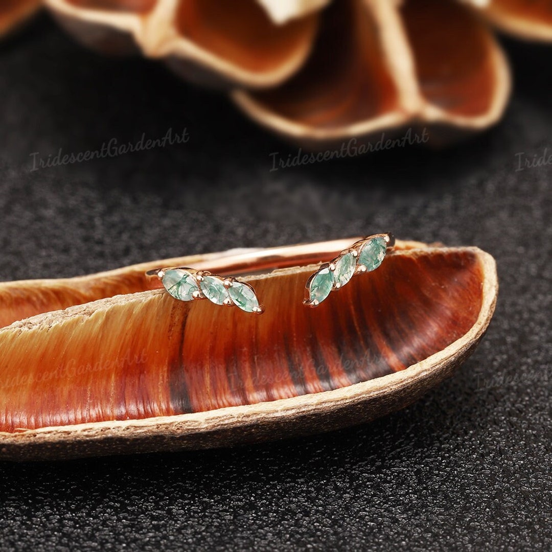 Unique Moss Agate Open Wedding Band Spring Natural Moss Agate Curved ...