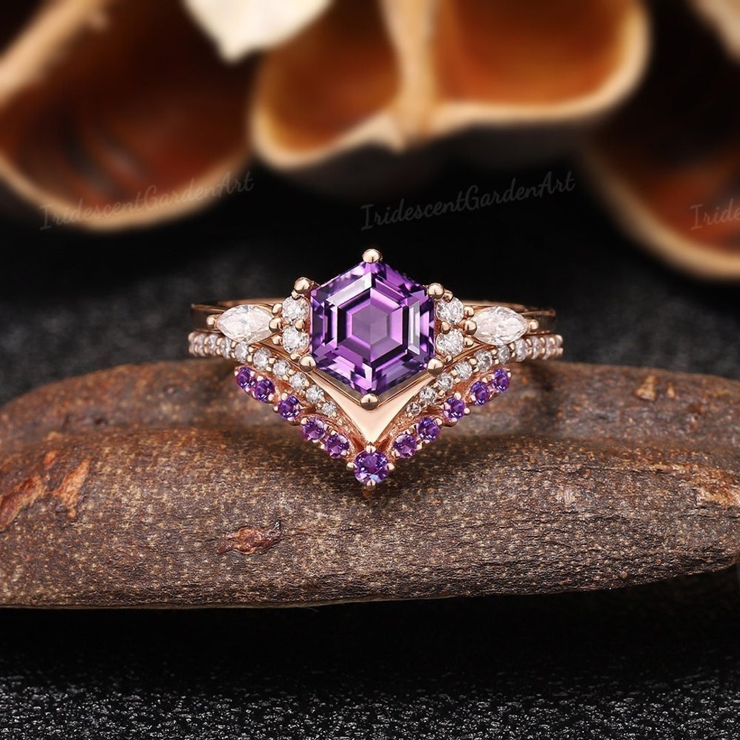 Hexagon Amethyst Wedding Ring Set Amethyst Engagement Ring Gold Rings ...