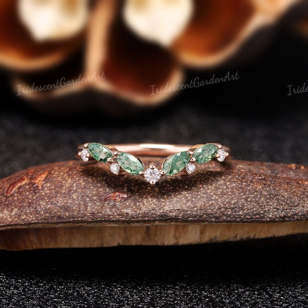 Natural Marquise Cut Moss Agate Wedding Band Moissanite Stackable Rings Rose Gold Curved Wedding ...