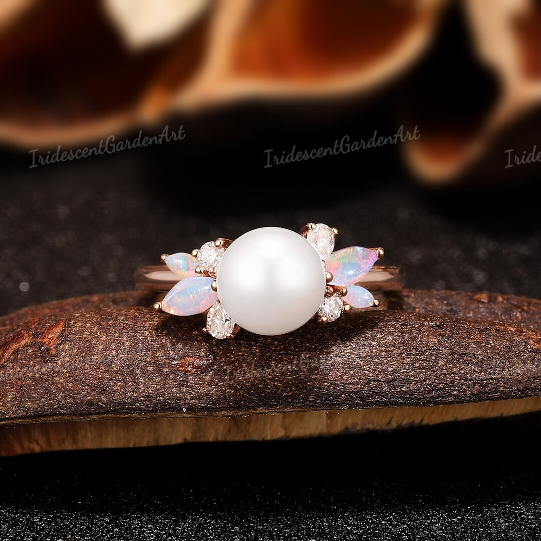Akoya Pearl Engagement Ring Solid Gold Opal Ring Moissnaite Cluster ...