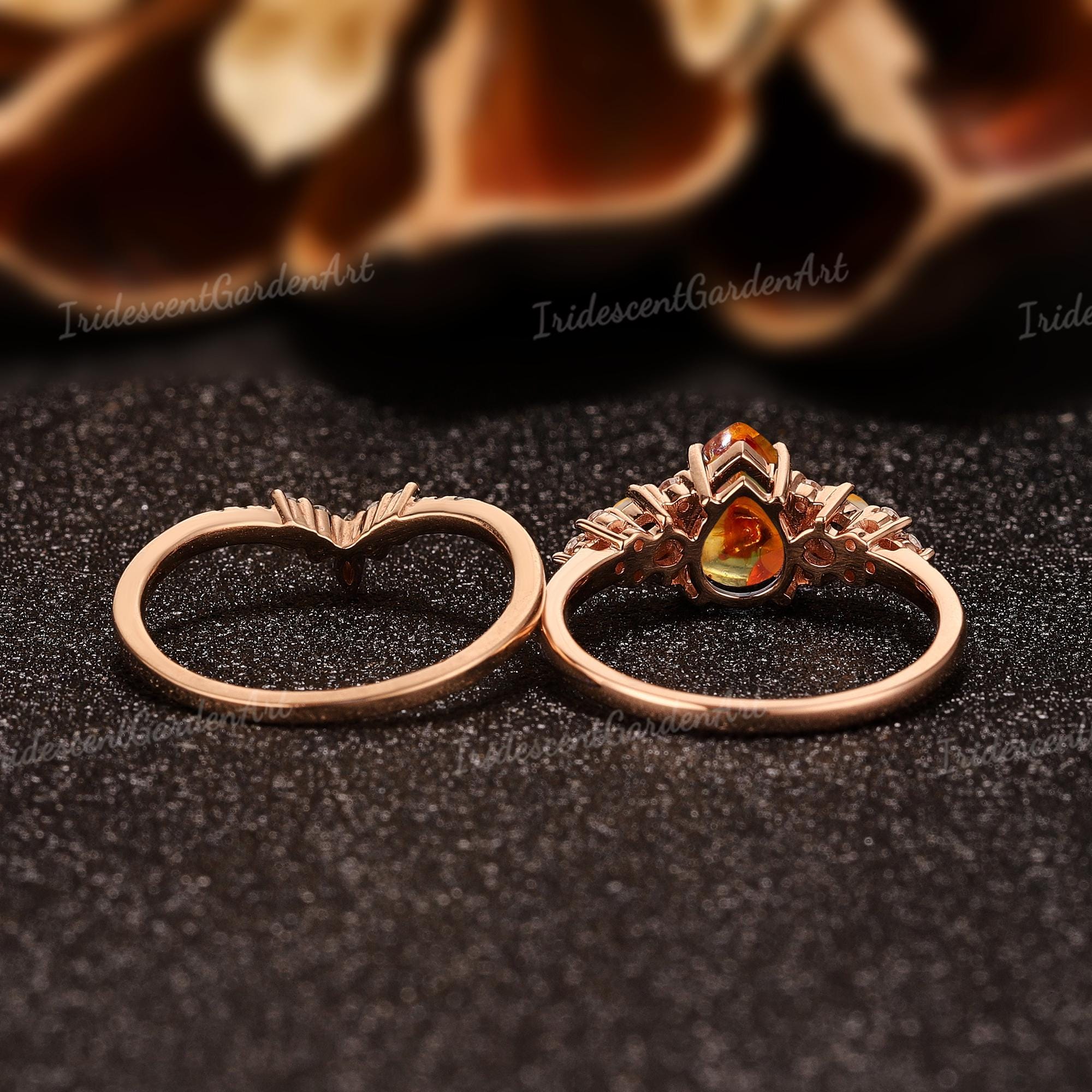 Amber Engagement Ring Set Citrine Ring Rose Gold Moissanite Cluster ...