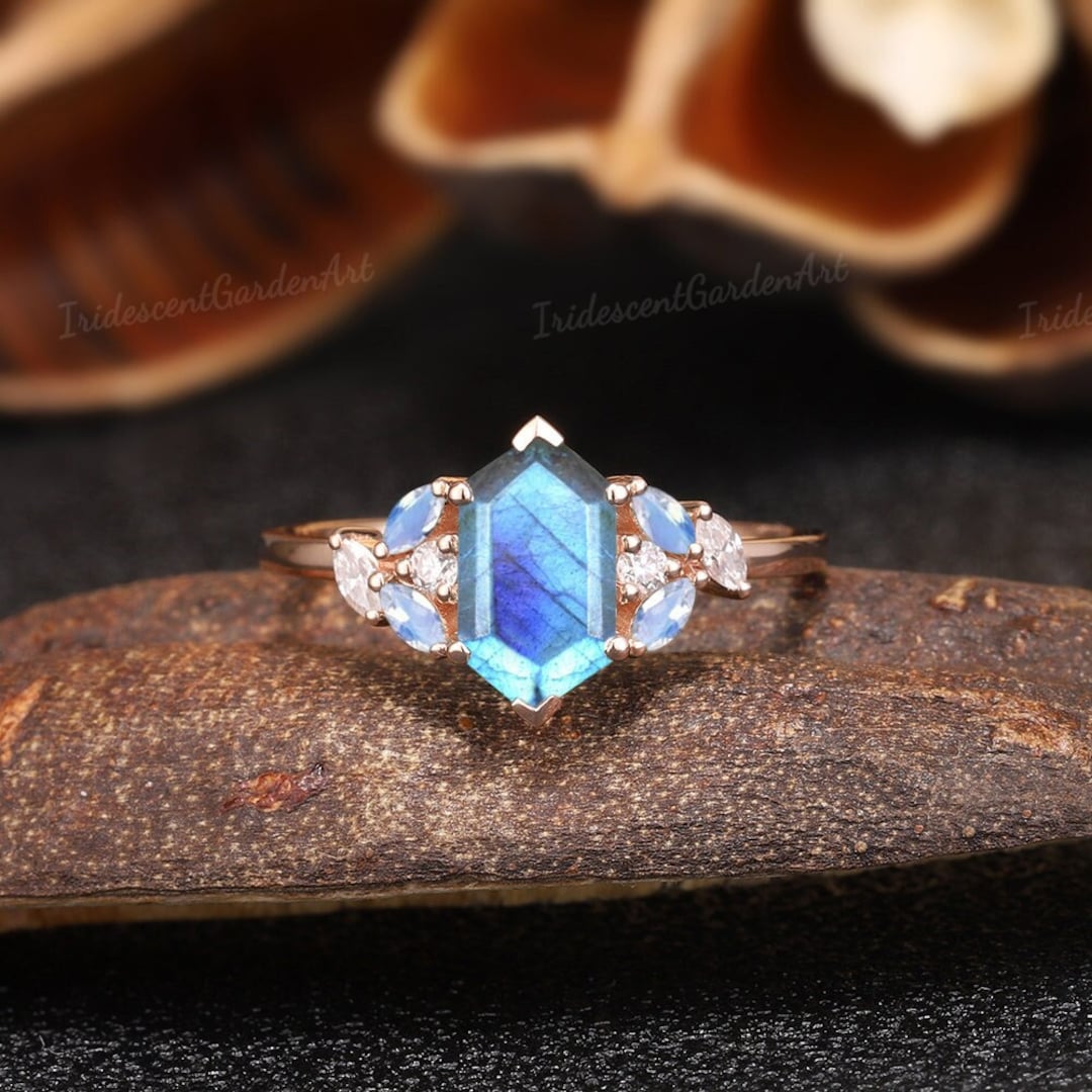 Art Deco Labradorite Engagement Ring Bule Labradorite Wedding Ring ...