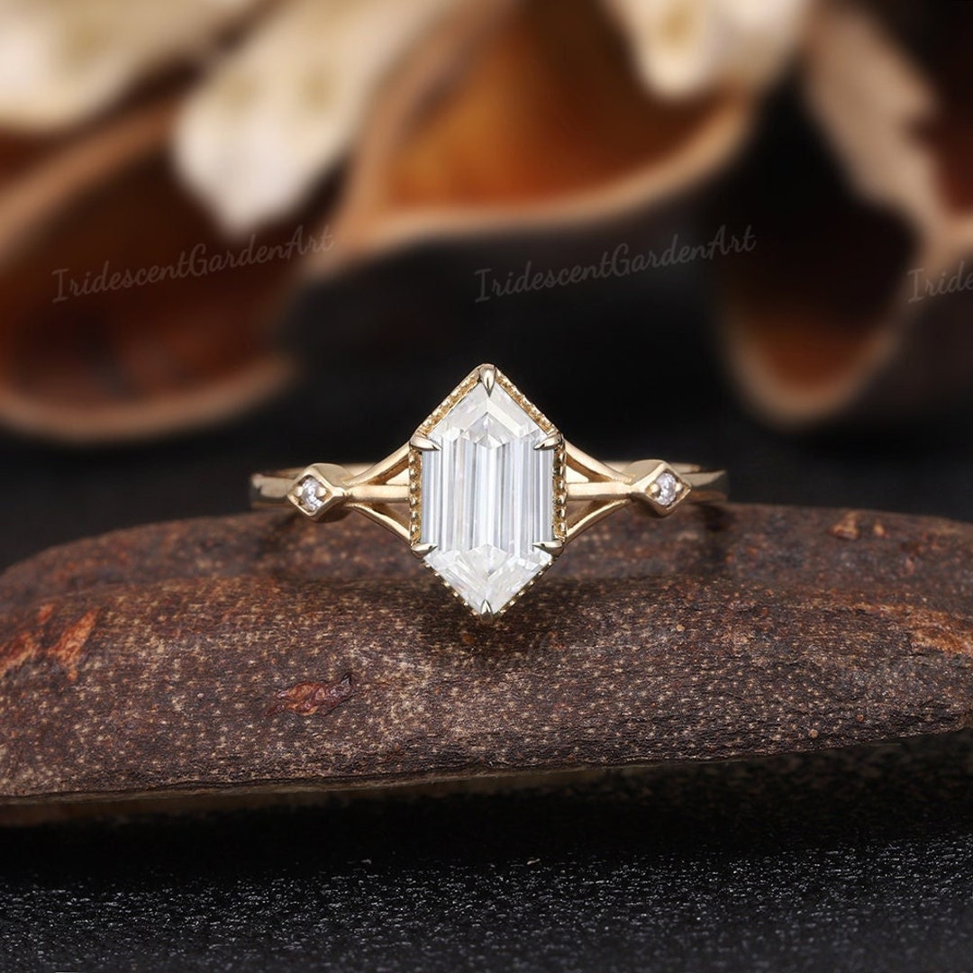 Unique Elongated Hexagon Moissanite Engagement Rings Vintage Yellow ...