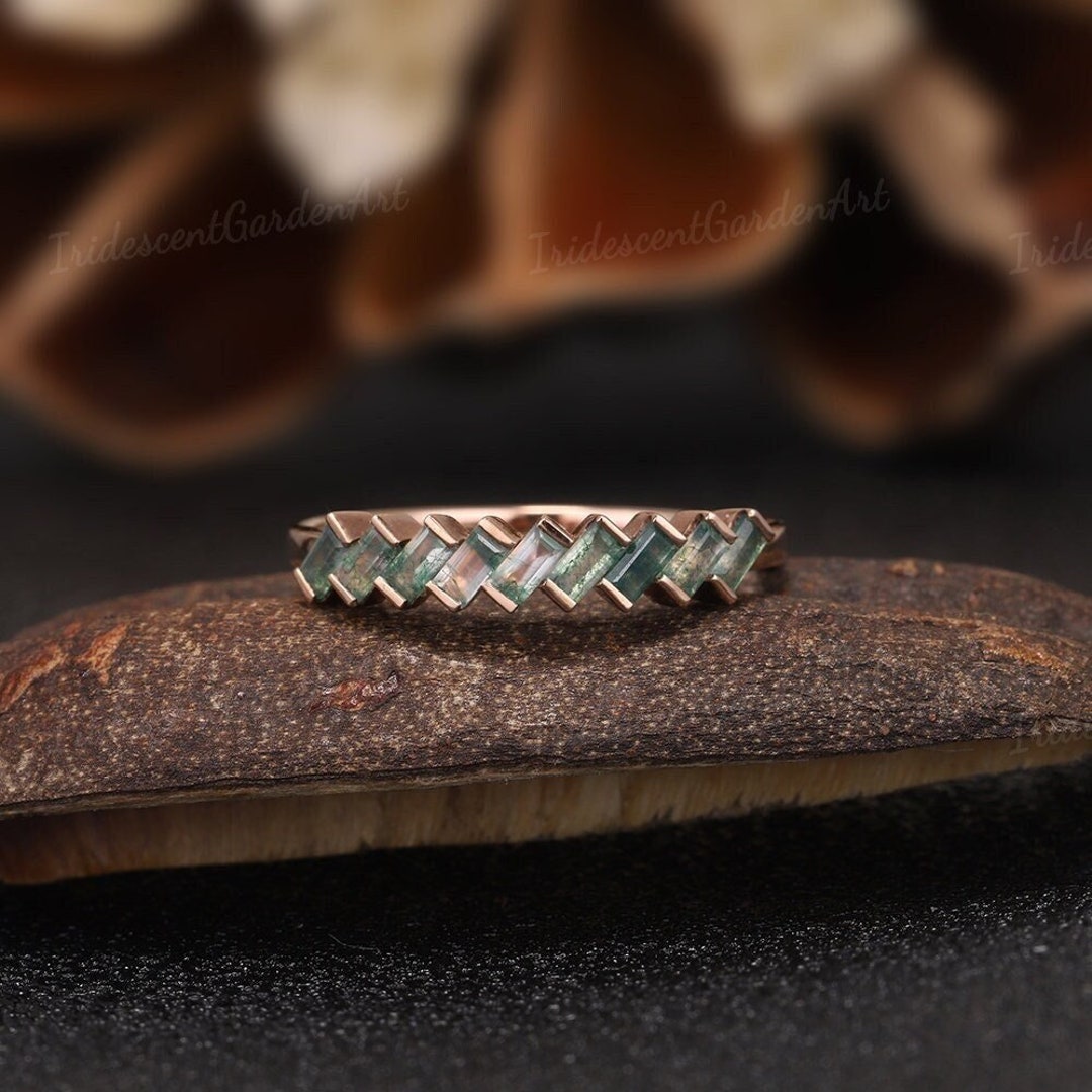 Baguette Moss Agate Wedding Bands Women Gold Natural Green Moss Agate ...