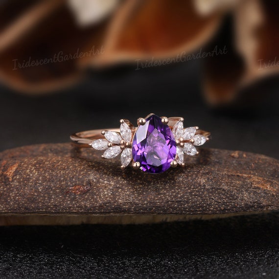 Unique Amethyst Engagement Rings Purple Gemstone Wedding Ring Art Deco Marquise Moissanite Leaf Shaped Bridal Ring Promise Gift For Women