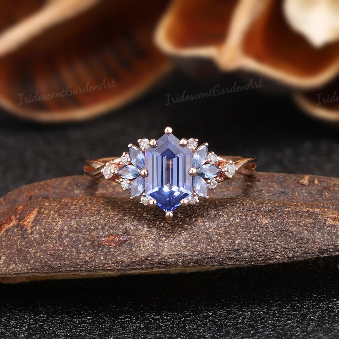 Hexagon Sapphire Engagement Ring Art Deco Marquise Sapphire Wedding ...