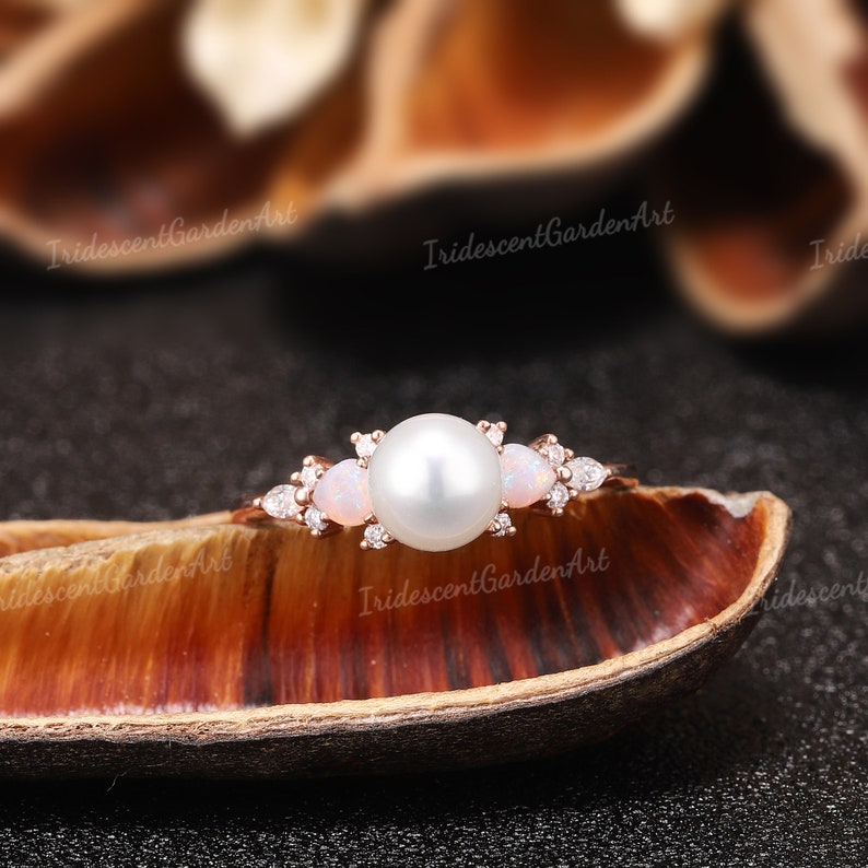 Akoya Pearl Engagement Ring Rose Gold Diamond Ring Heart Opal ...