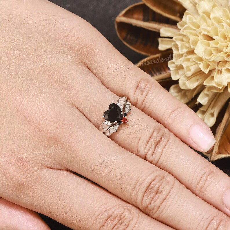 Vampire Heart Shaped Black Onyx Engagement Ring Set Gothic Bat Wings ...