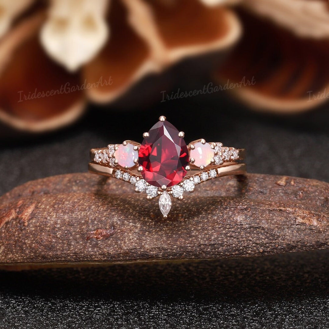 Vintage Ruby Engagement Ring Set Rose Gold Opal Moissanite Wedding ...