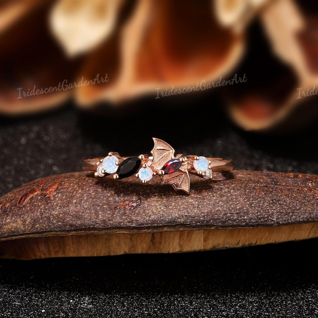 Vampire Garnet Gothic Ring Marquise Black Onyx Moonstone Wedding Bands ...