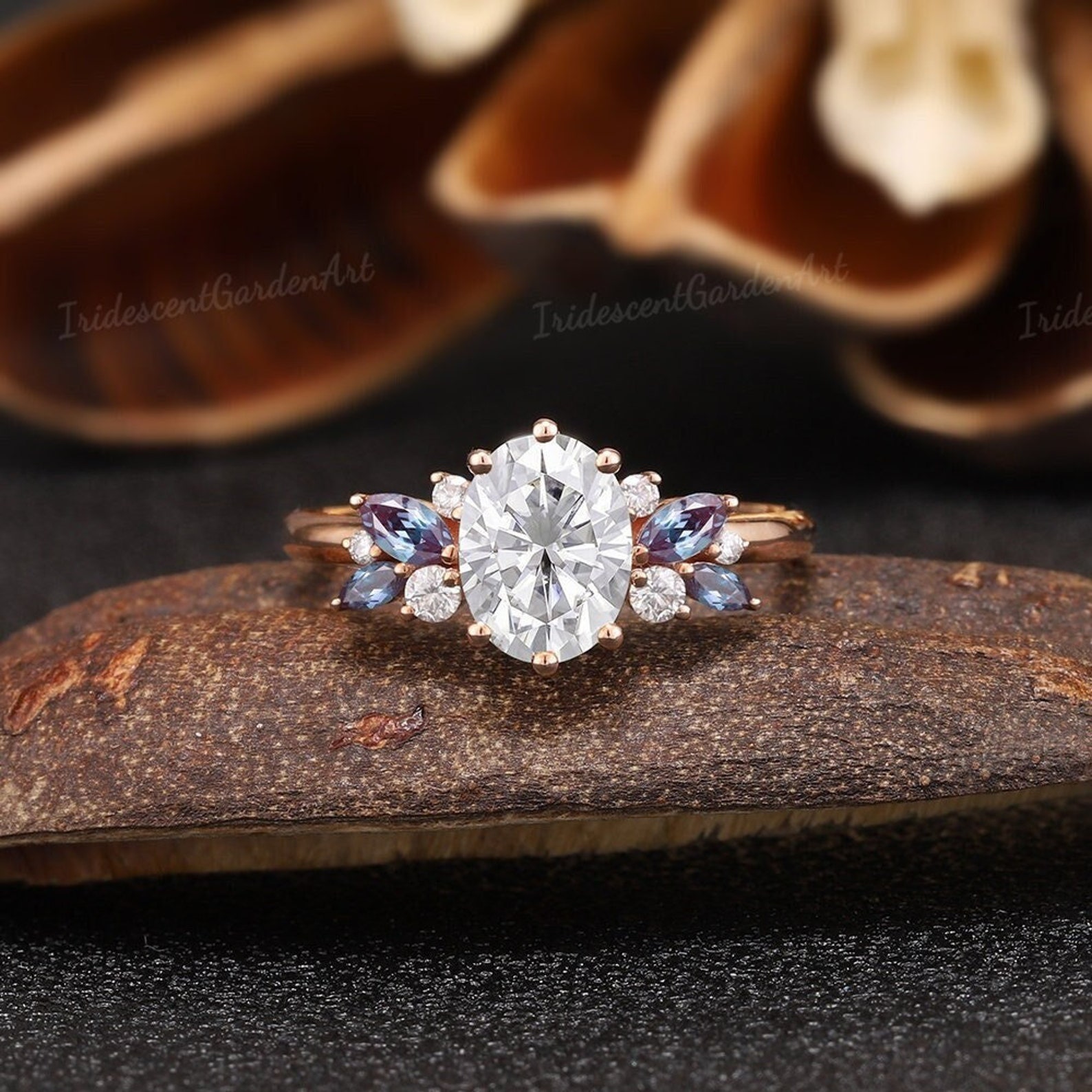 Unique Moissanite Engagement Ring Art Deco Alexandrite Cluster - Etsy