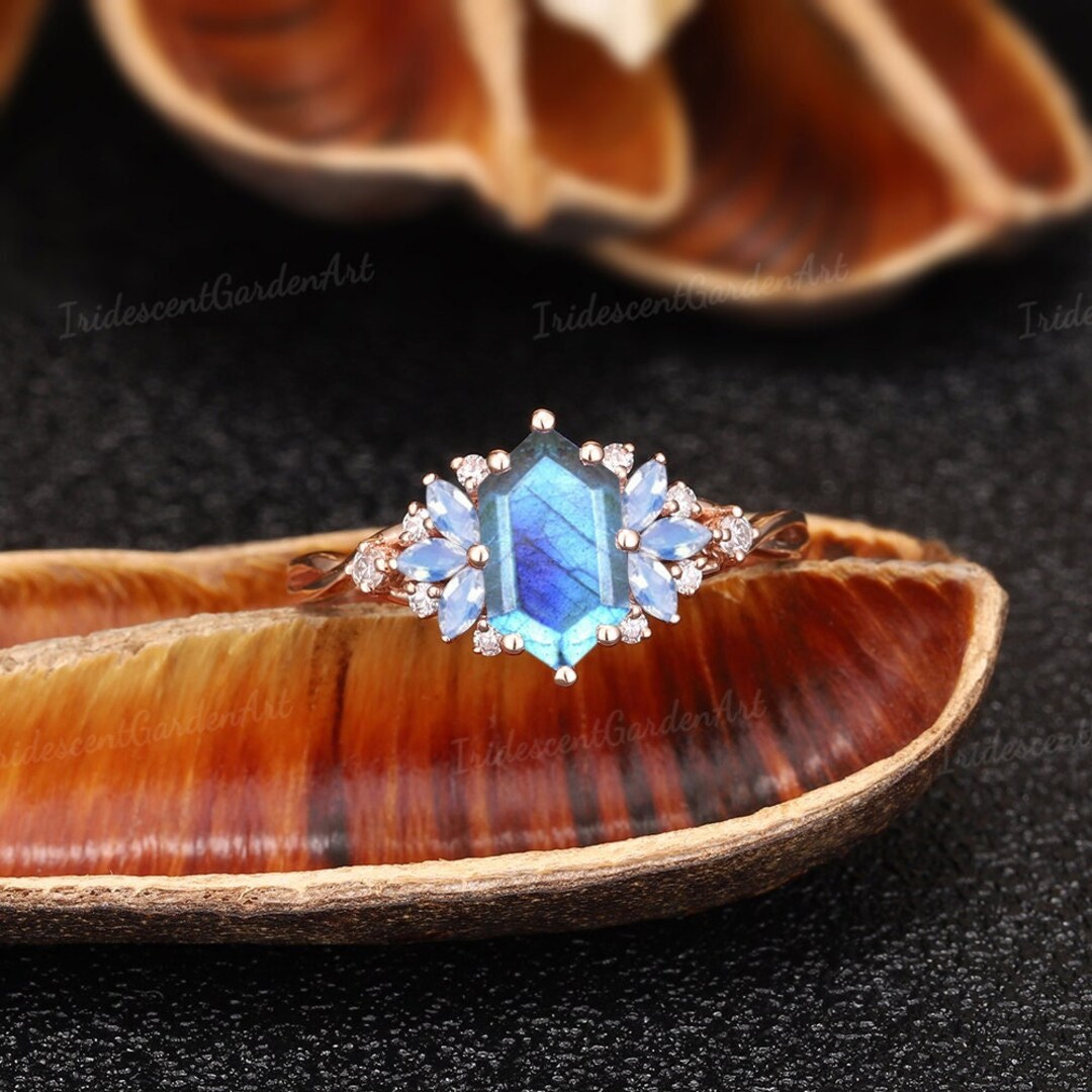 Unique Labradorite Engagement Ring Elongated Hexagon Labradorite ...