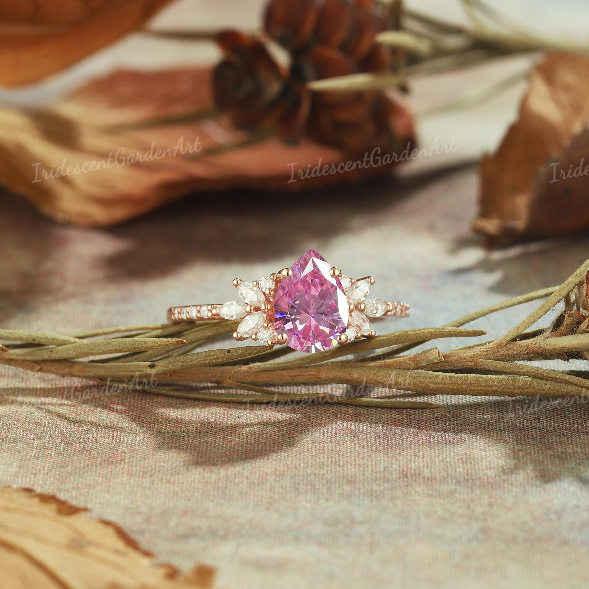 Pink Moissanite Engagement Ring Moissanite Cluster Ring Rose Gold ...