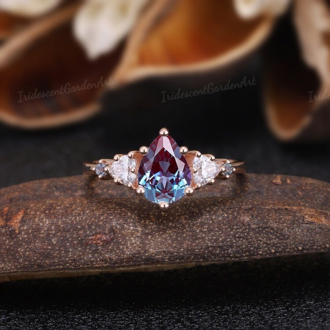 Art Deco Pear Alexandrite Engagement Ring Unique Triangle Cut ...