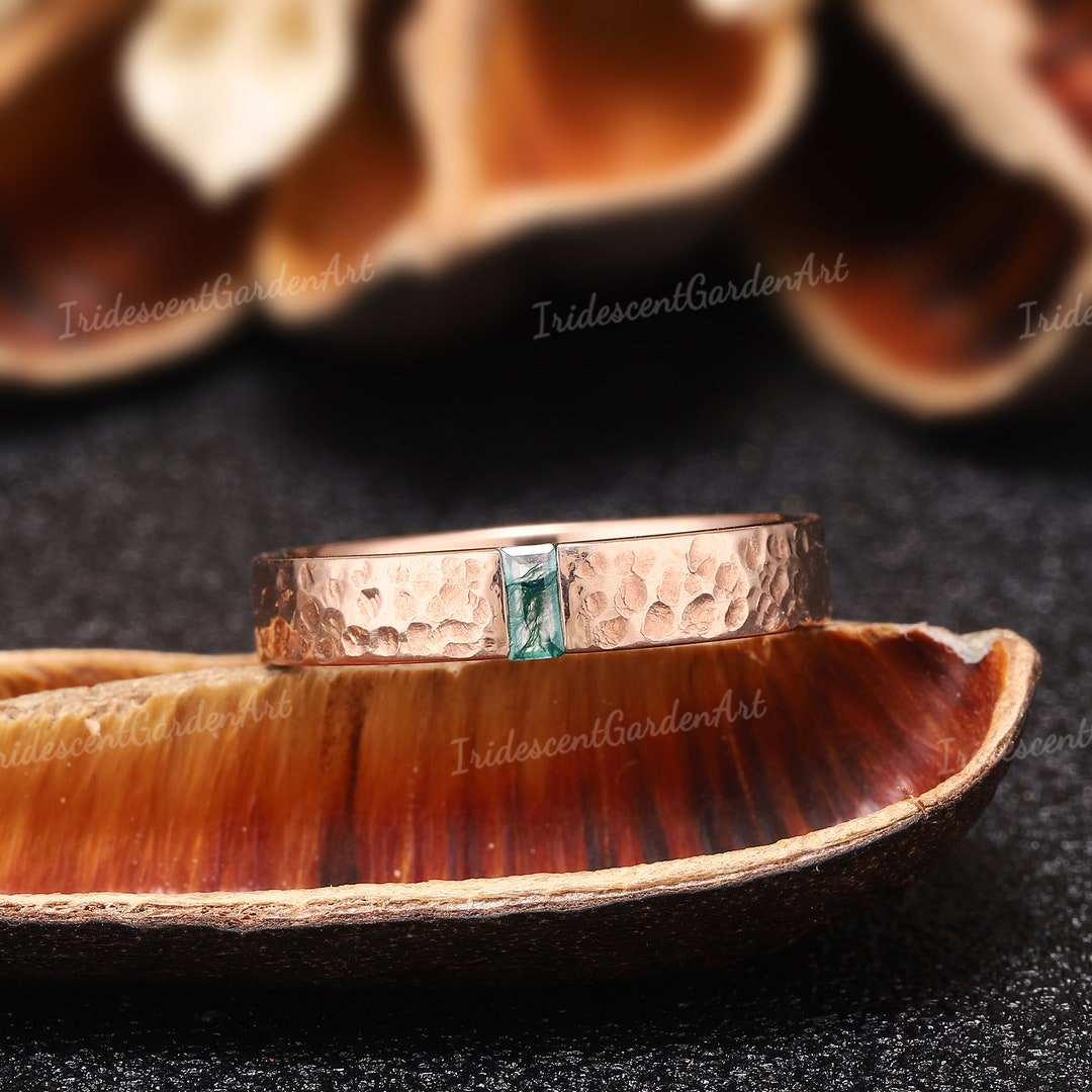 Vintage Baguette Moss Agate Mens Wedding Band Rose Gold Mens Engagement ...