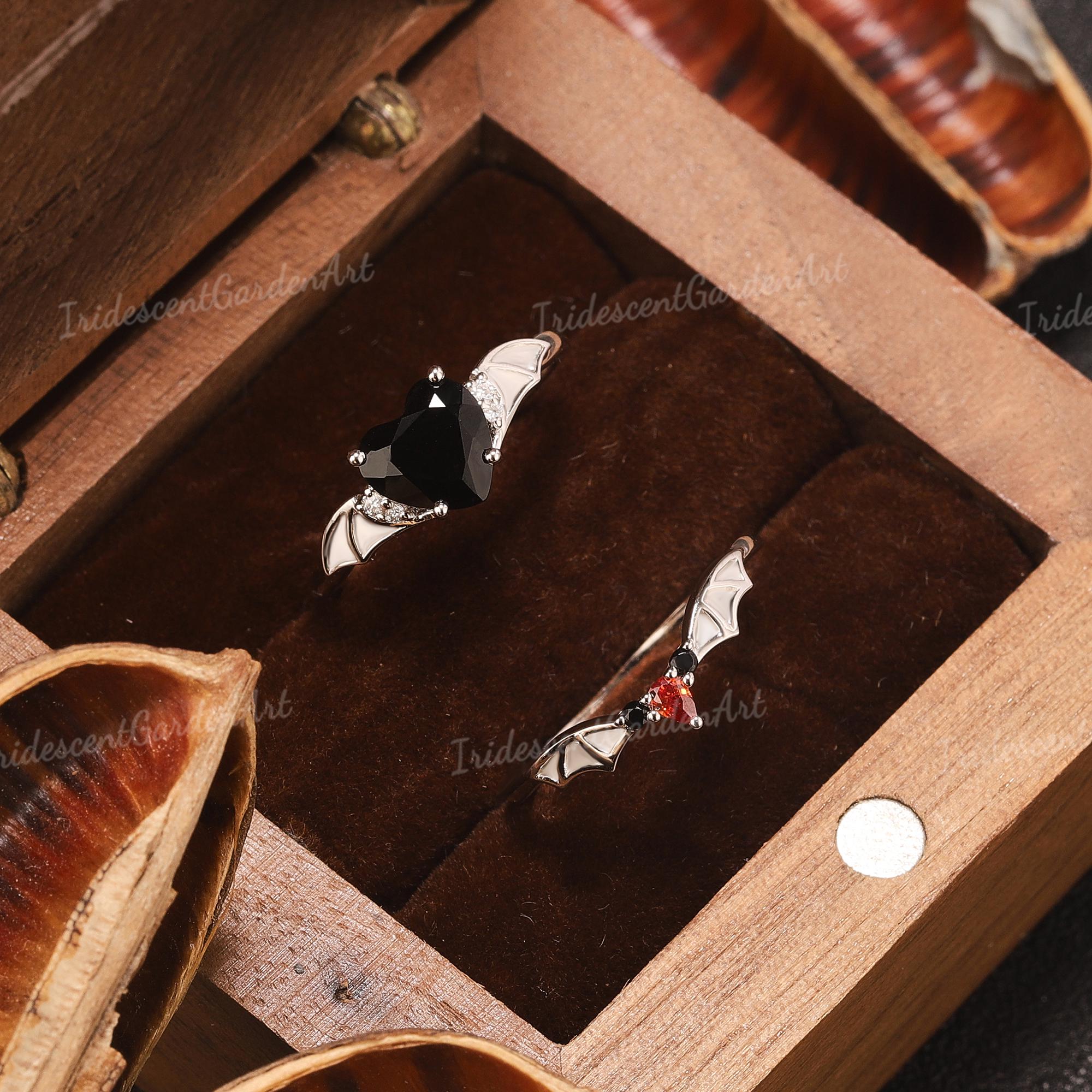 Vampire Heart Shaped Black Onyx Engagement Ring Set Gothic Bat Wings ...