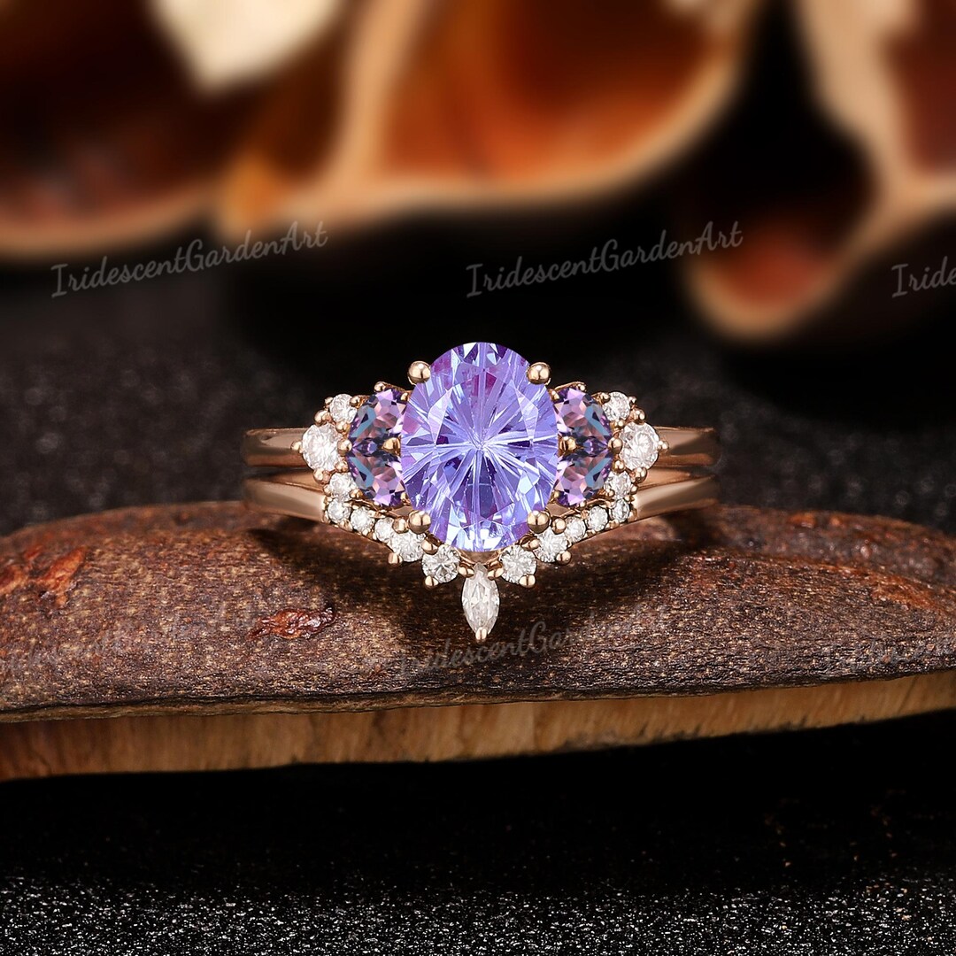 Fireworks Cut Alexandrite Engagement Ring Set Amethyst Cluster Wedding ...