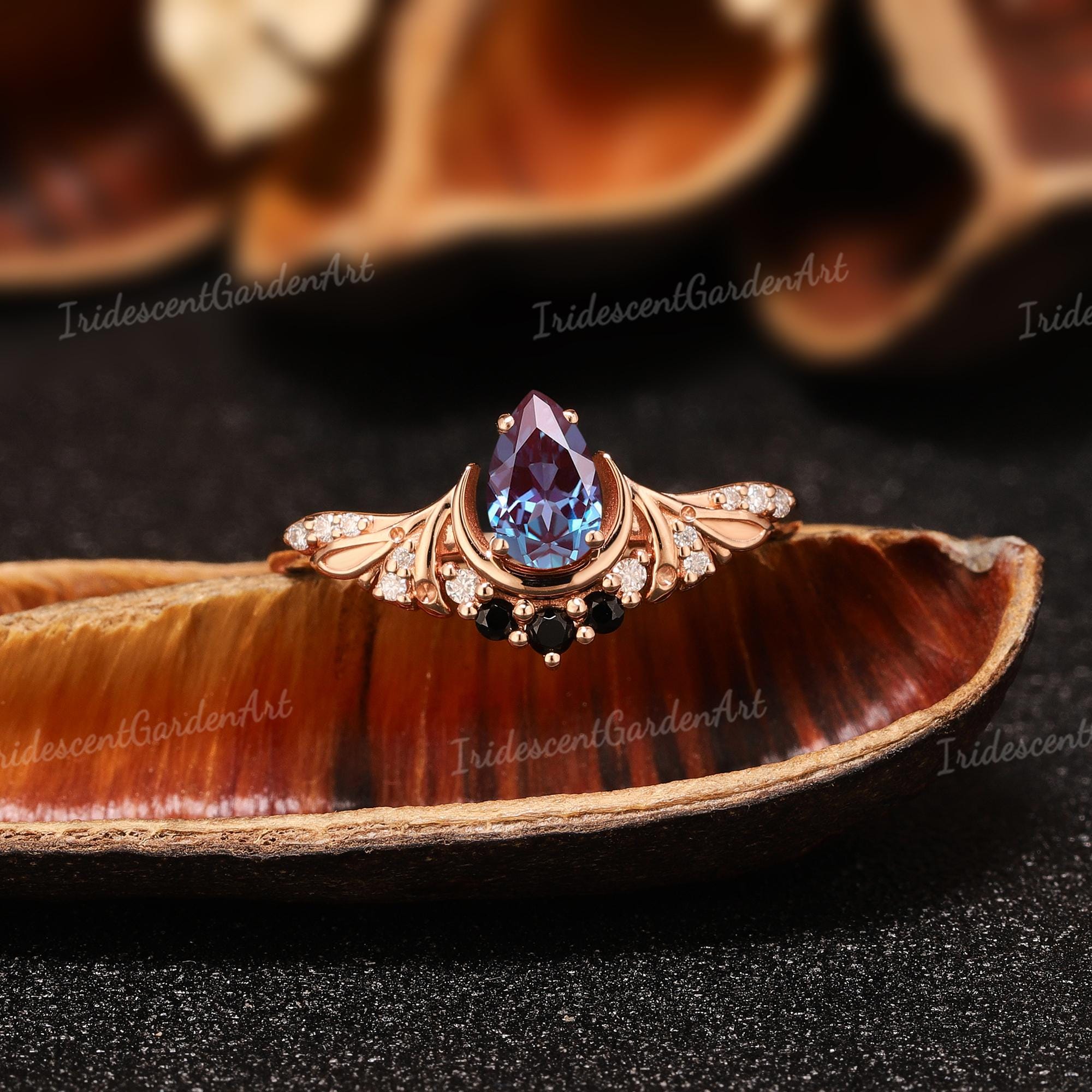 Luna Moth Ring Alexandrite Engagement Ring Gothic Black Onyx Ring Rose ...