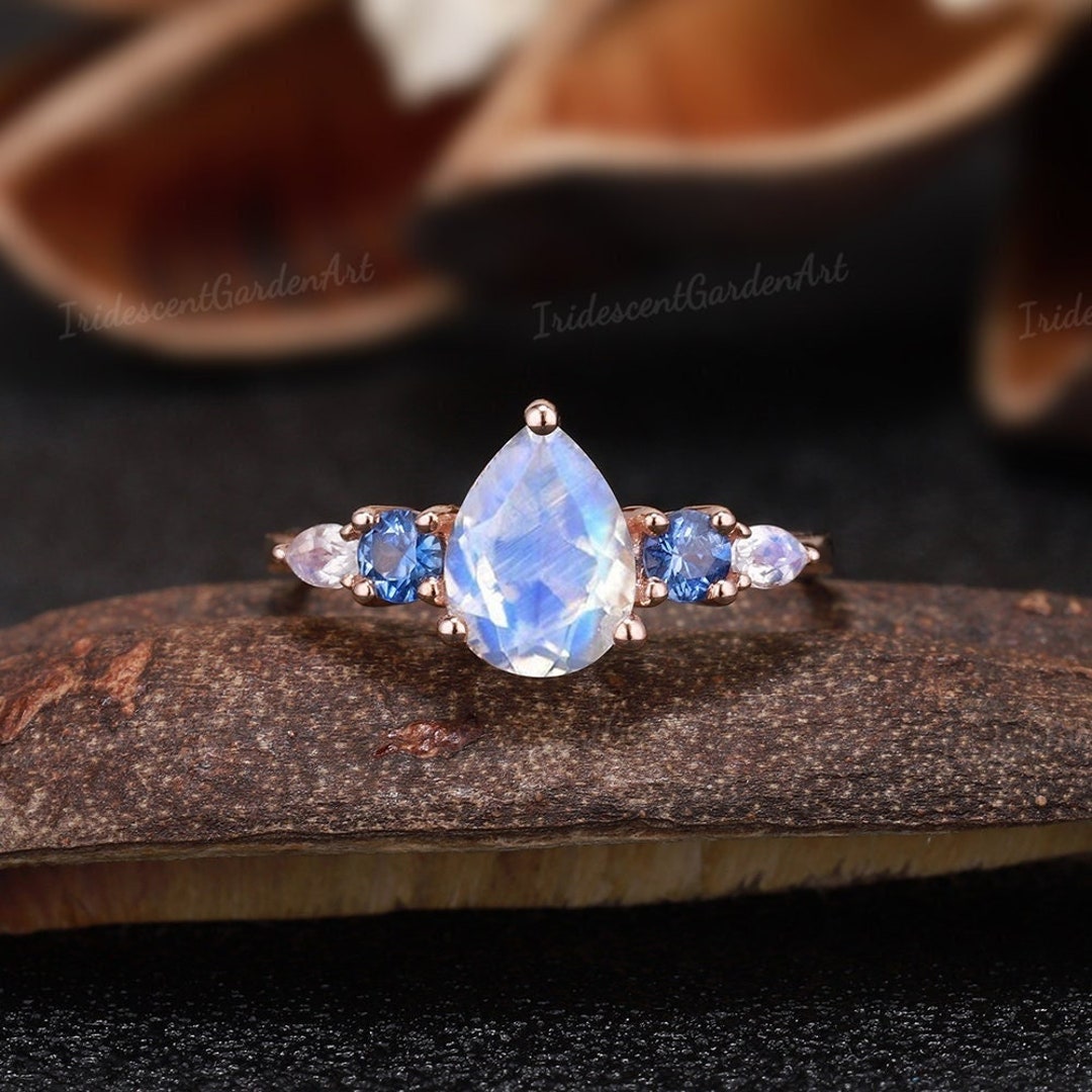 Unique Pear Moonstone Engagement Rings Art Deco Sapphire Cluster ...
