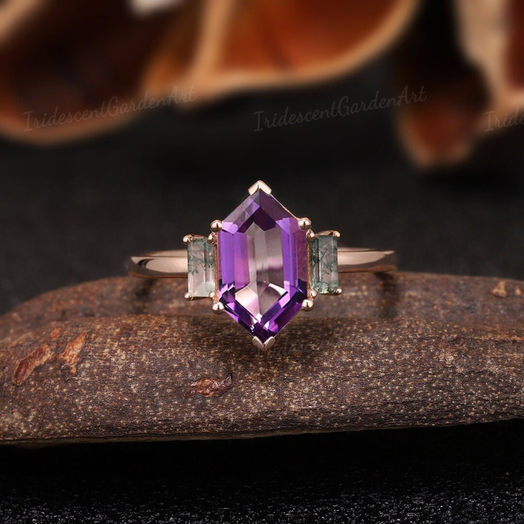 Unique Amethyst Engagement Rings Baguette Moss Agate Cluster Ring ...