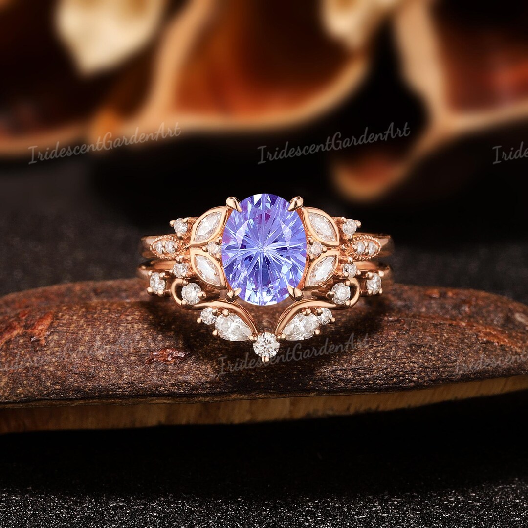 Fireworks Cut Alexandrite Engagement Ring Set Rose Gold Moissanite ...