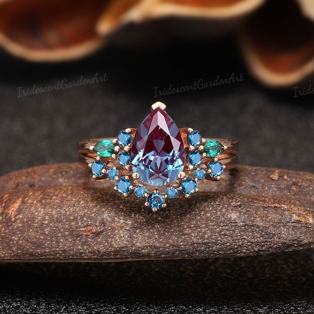 Unique Alexandrite Engagement Ring Set Blue Toapz Cluster Wedding Ring ...