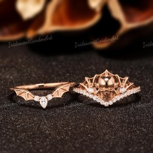 Gothic Skull Engagement Ring Set Bat Wings Wedding Band Solid Gold ...