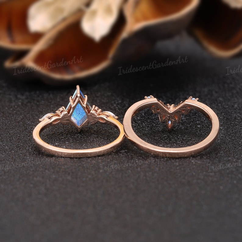 Art Deco Labradorite Wedding Ring Set Kite Labradorite Engagement Ring ...