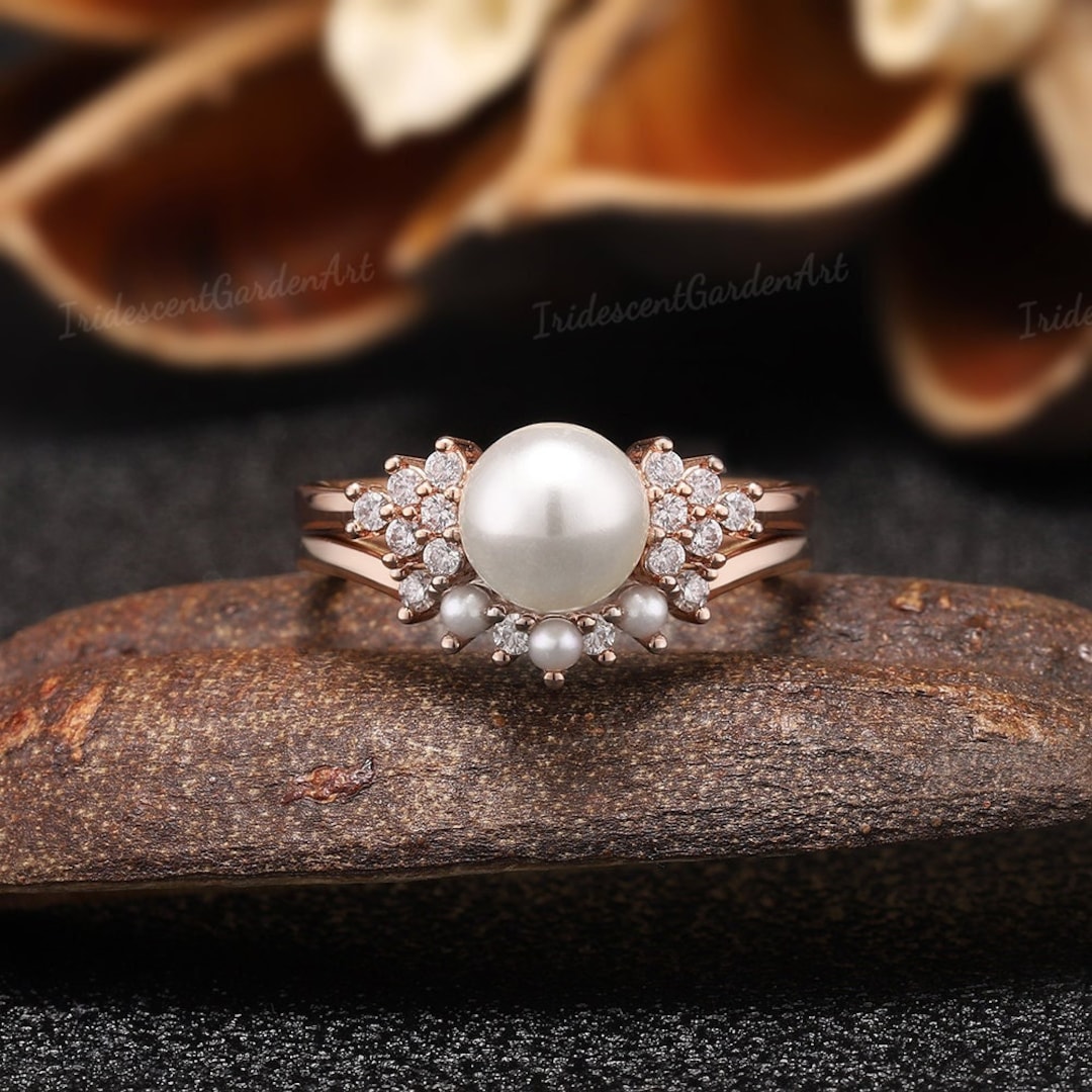 Akoya Pearl Wedding Ring Set Antique Pearl Engagement Ring Unique ...