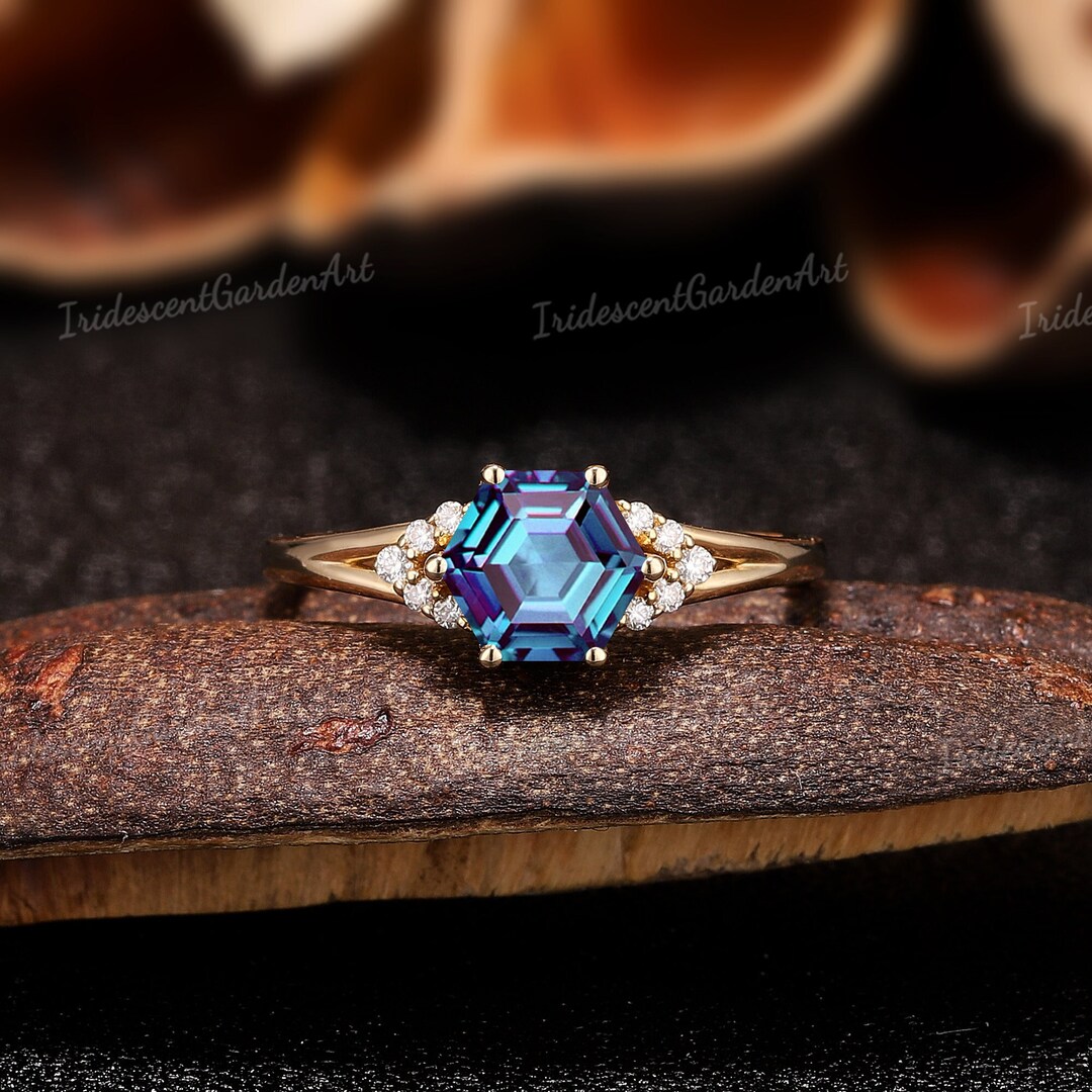Hexagon Alexandrite Engagement Ring Moissanite Cluster 14k Gold Wedding ...