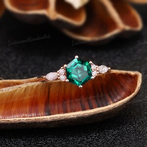 Unique Hexagon Cut Emerald Engagement Ring Art Deco Green Gemstone Rose ...