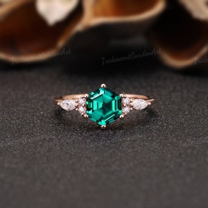 Unique Hexagon Cut Emerald Engagement Ring Art Deco Green Gemstone Rose Gold Wedding Ring ...