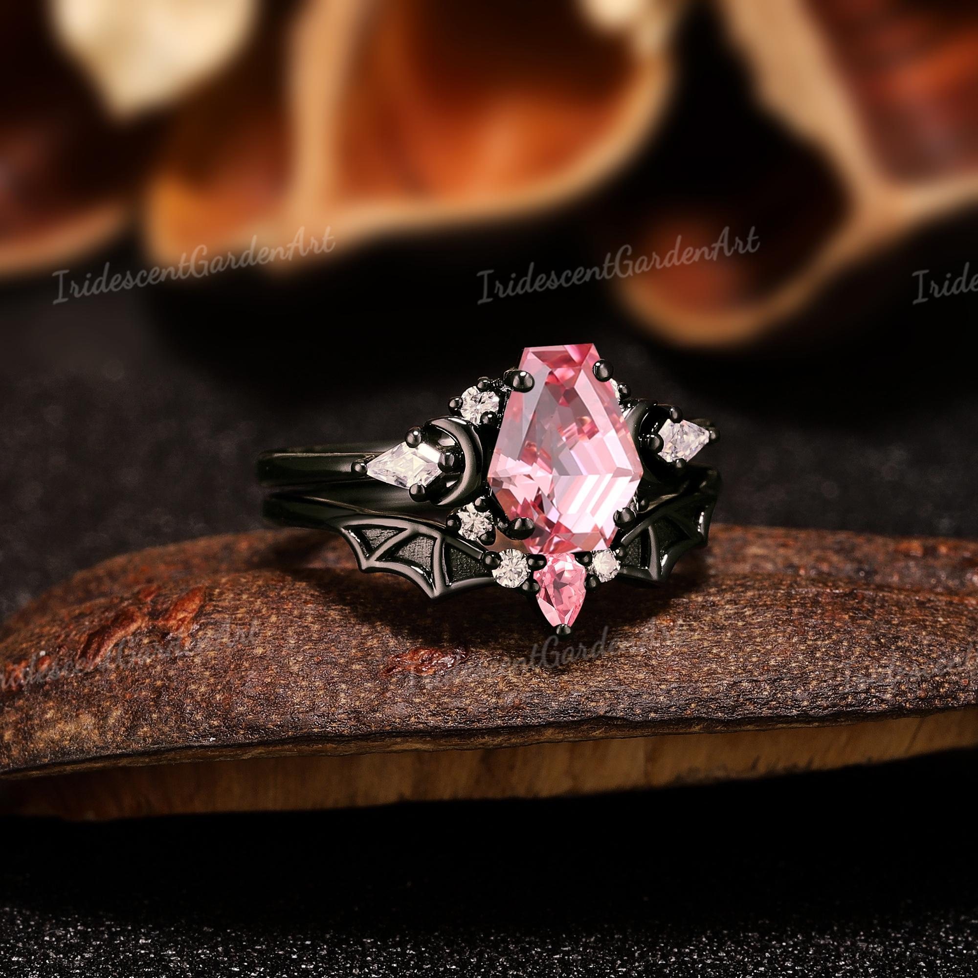 Vampire Coffin Cut Pink Sapphire Engagement Ring Set Black Gold Gothic ...