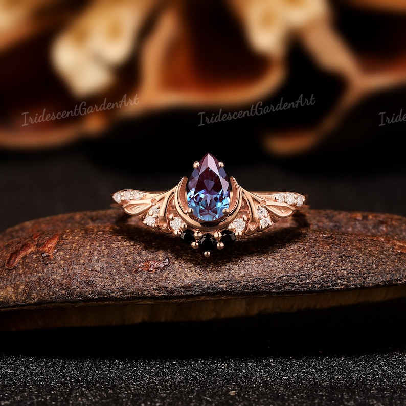 Luna Moth Ring Alexandrite Engagement Ring Gothic Black Onyx Ring Rose ...