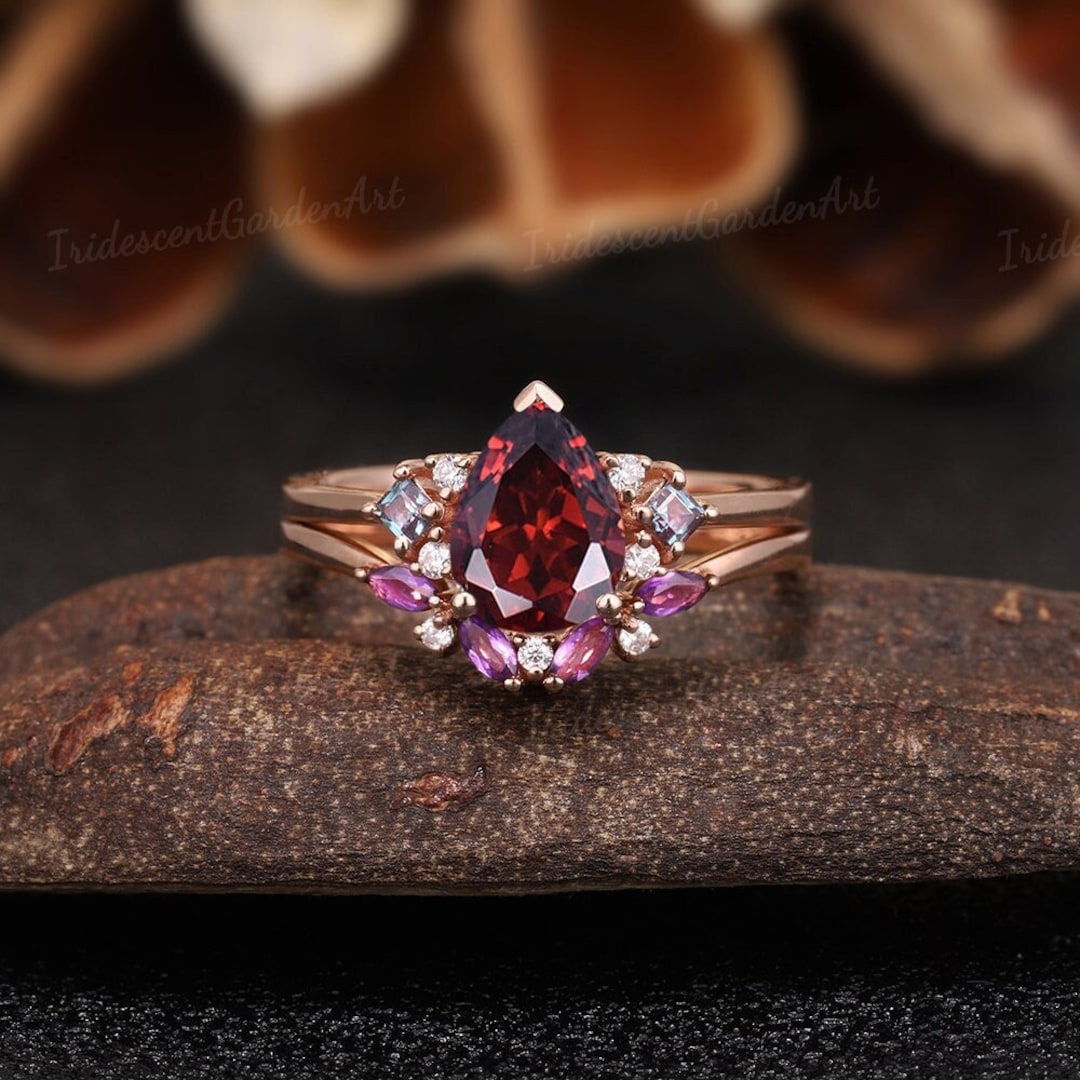 Unique Garnet Engagement Ring Set Art Deco Amethyst Curved Stacking ...