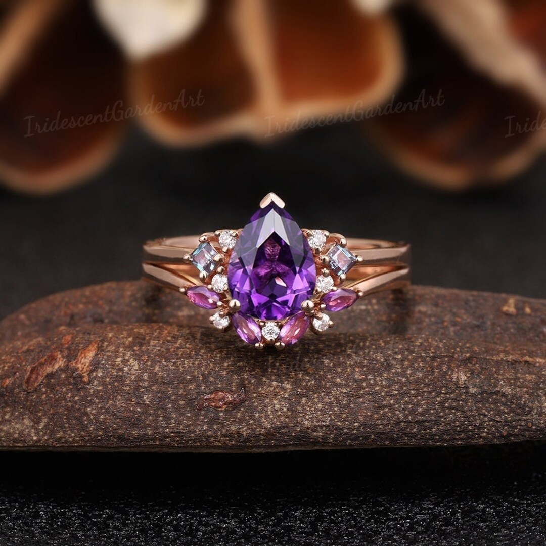 Vintage Amethyst Engagement Ring Set Art Deco Purple Gemstone Stacking ...