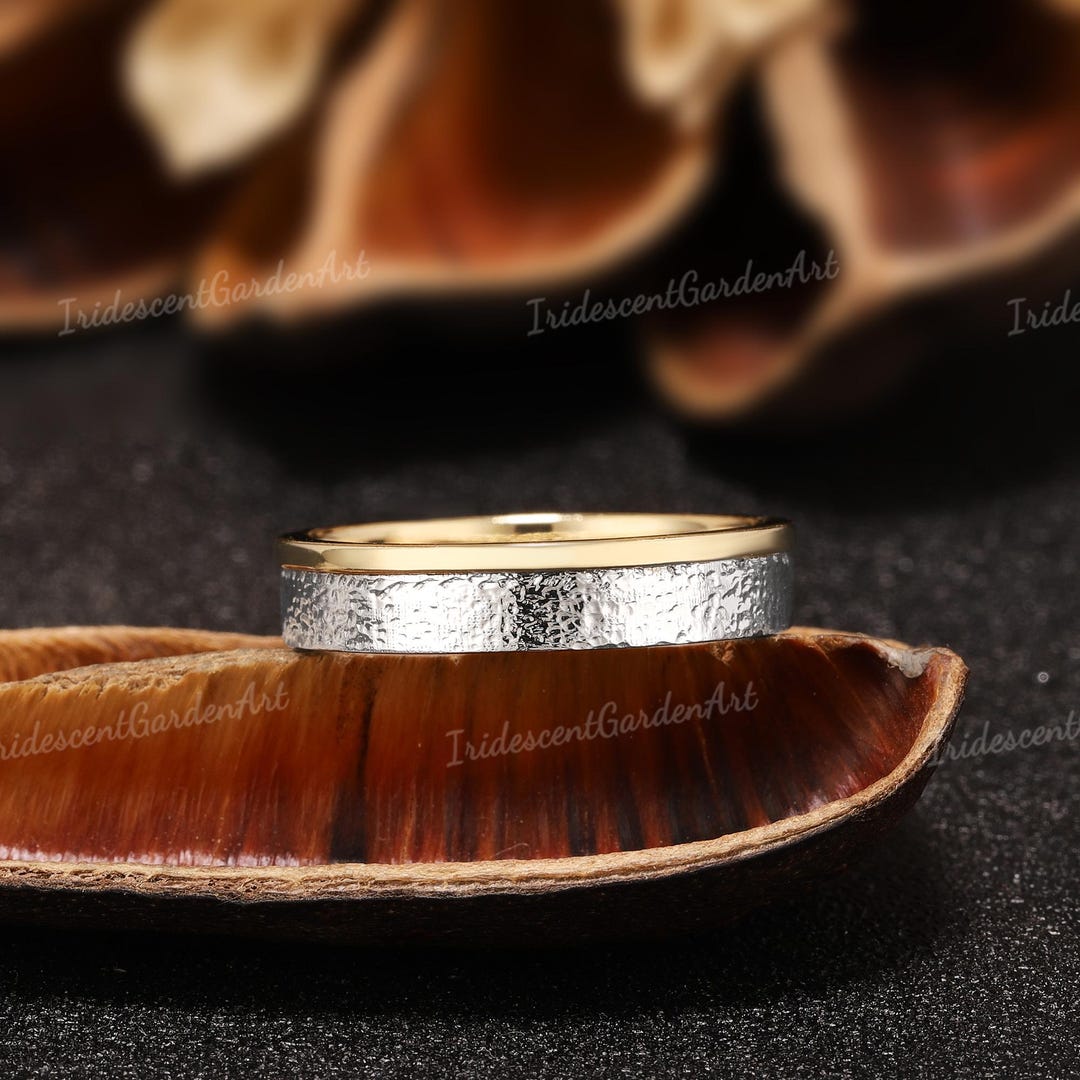 Two Tone Hammered Mens Ring Solid Gold Mens Wedding Band Stackable ...