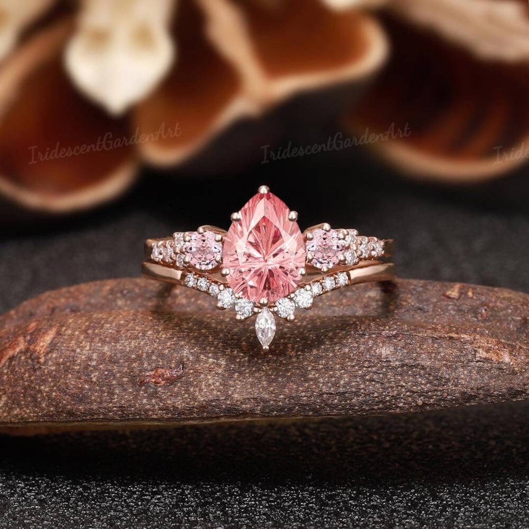 Fireworks Cut Pear Pink Sapphire Engagement Ring Set Gold Moissanite ...