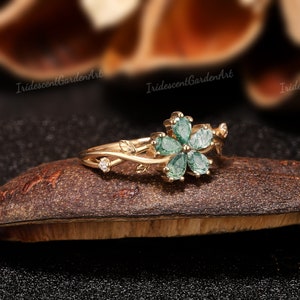 Nature Inspired Moss Agate Engagement Ring Solid Gold Leaf Ring Green ...