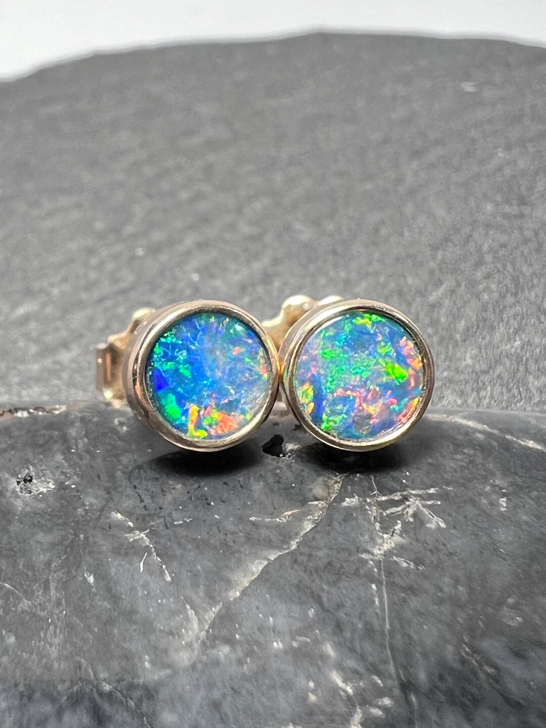 Bright Gemmy Australian Opal Doublet Stud Earrings in 14k Yellow Gold ...