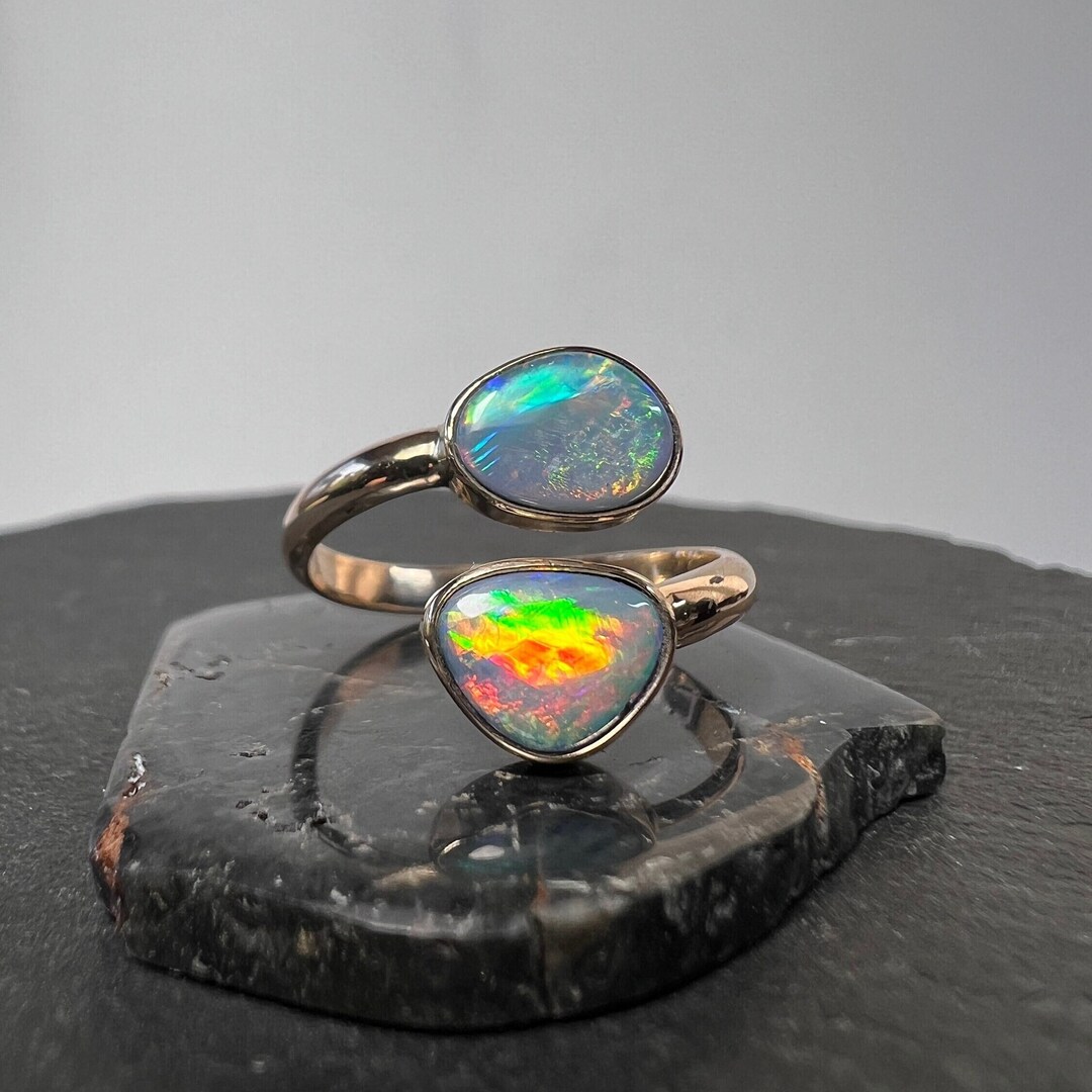 Australian Opal Bypass Ring in 14K Yellow Gold. Australian Shell Opal Doublets Showing ...