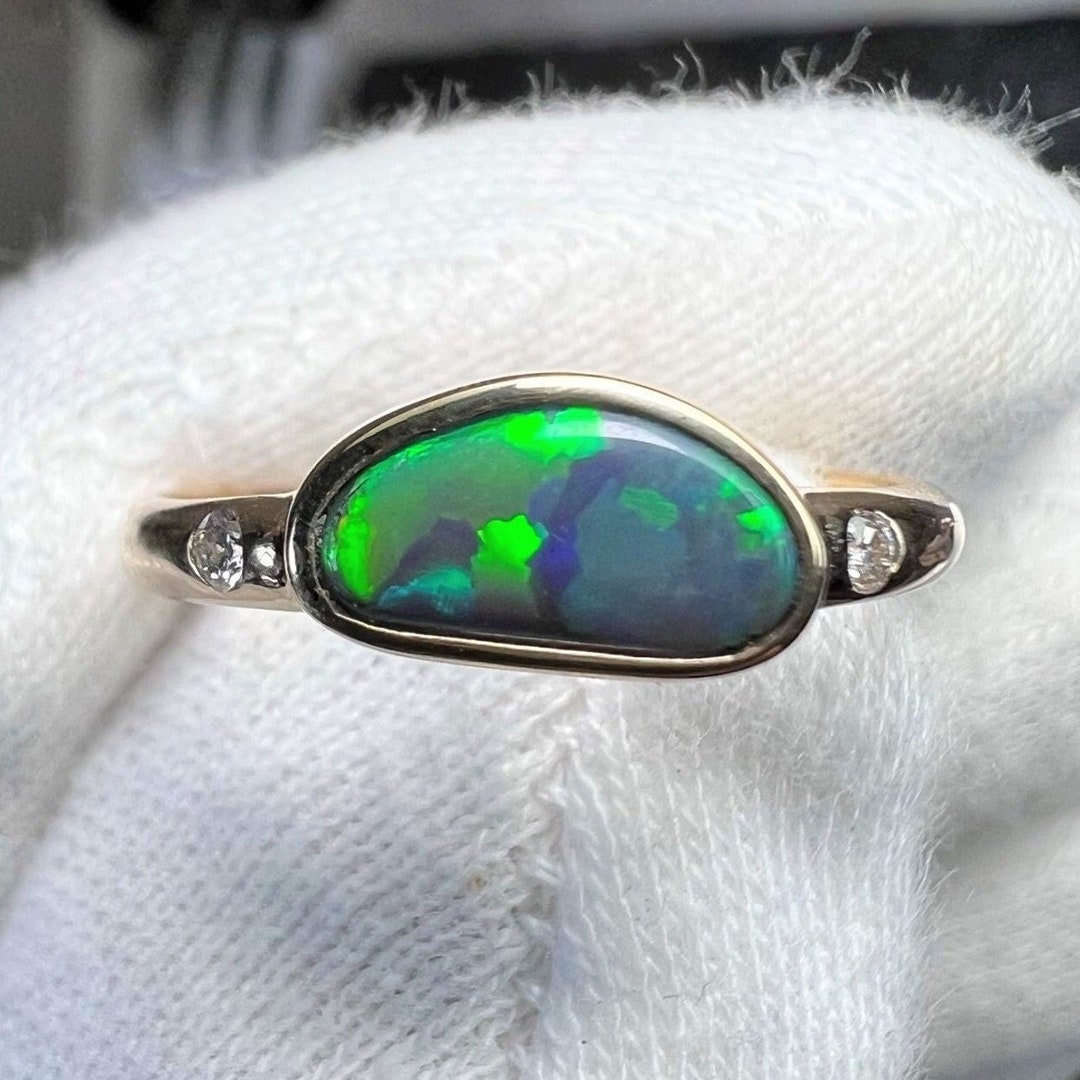 Flagstone Pattern Australian Black Opal Ring With Diamond Accents Set ...