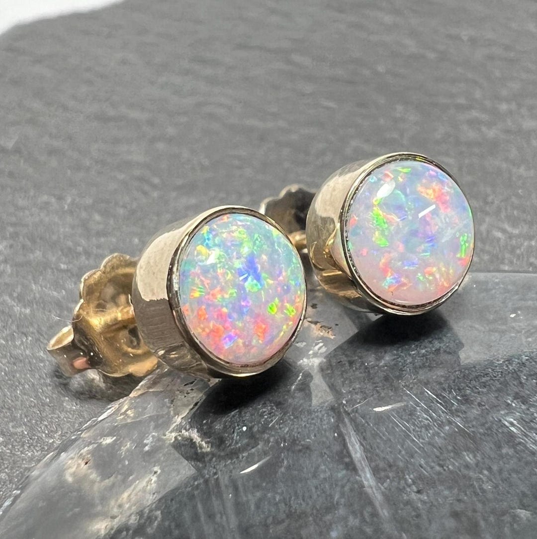 Round Australian Opal Stud Earrings Set in 14k Yellow Gold Showing ...