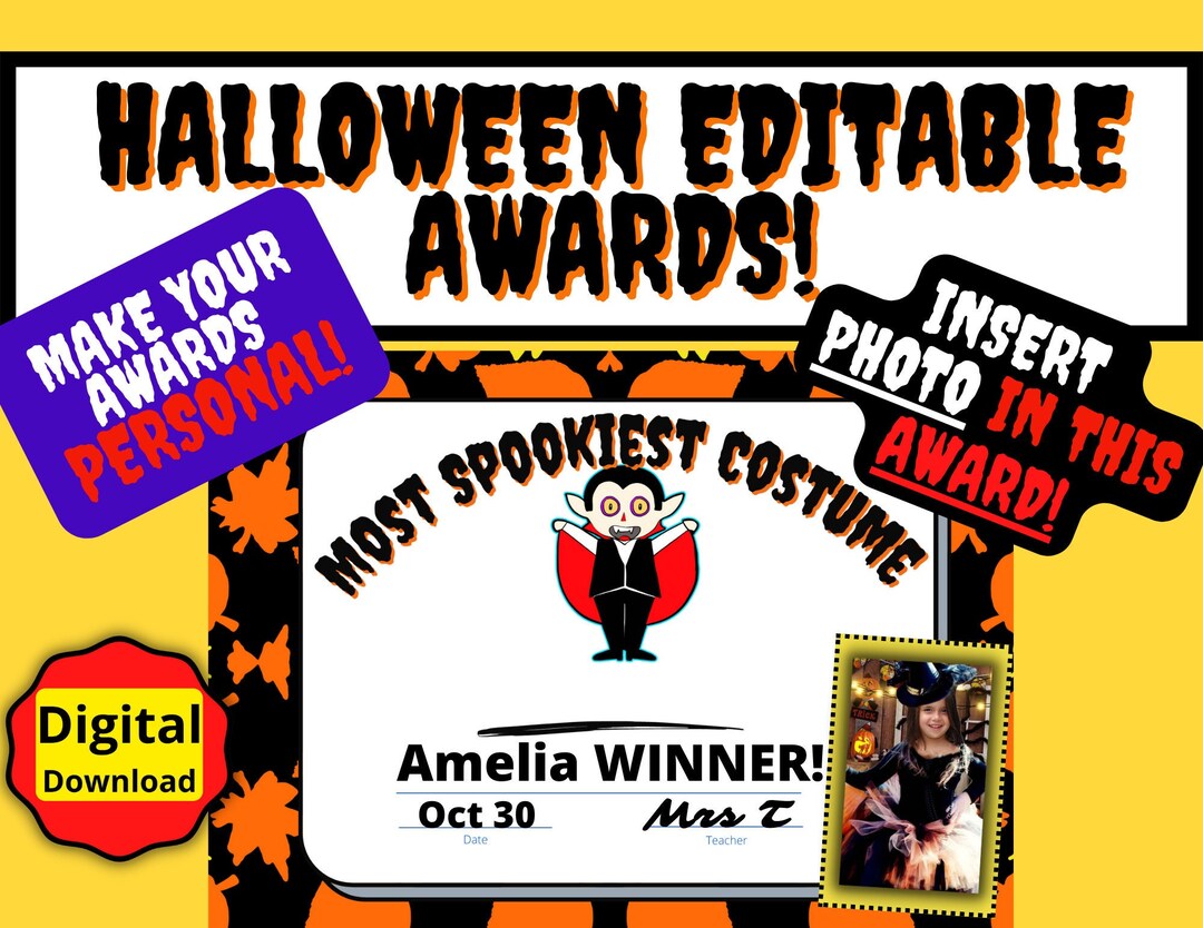 Halloween EDITABLE Name AWARDS "most Spookiest Costume" Posters ...