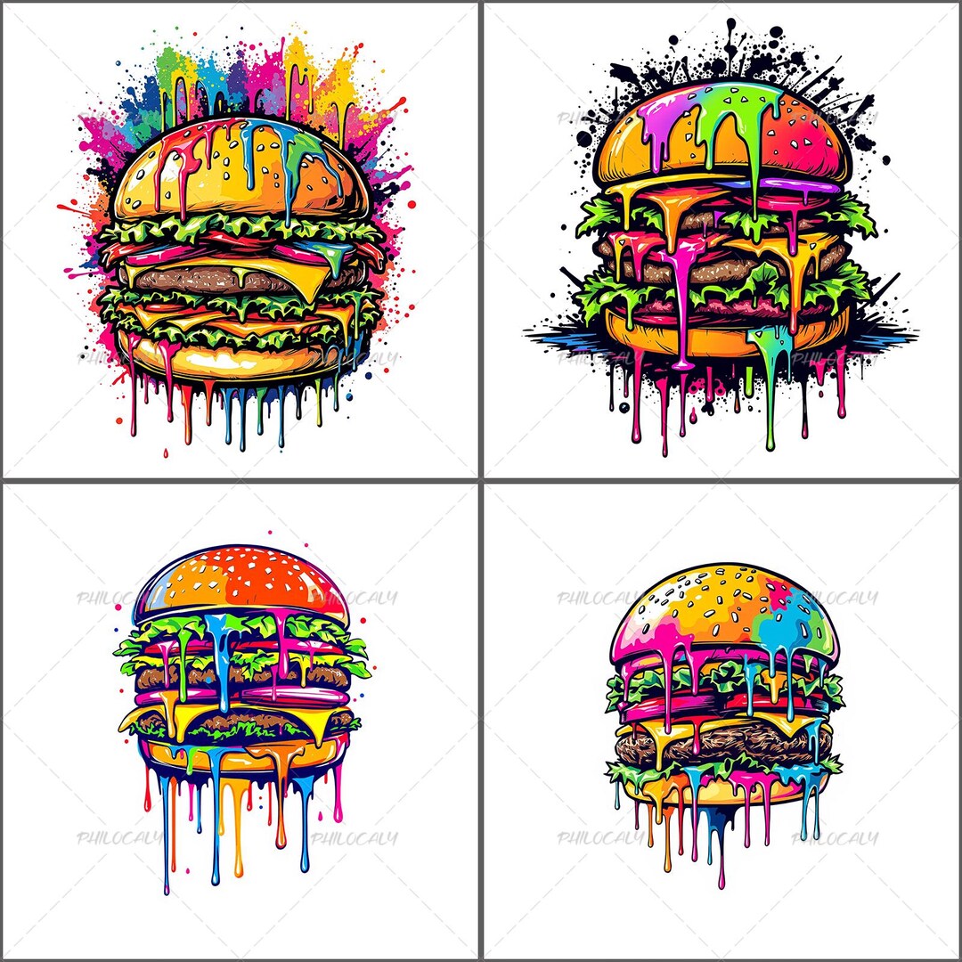 Colorful Burger PNG Bundle, Cartoon Fast Food Clipart Set, Rainbow ...