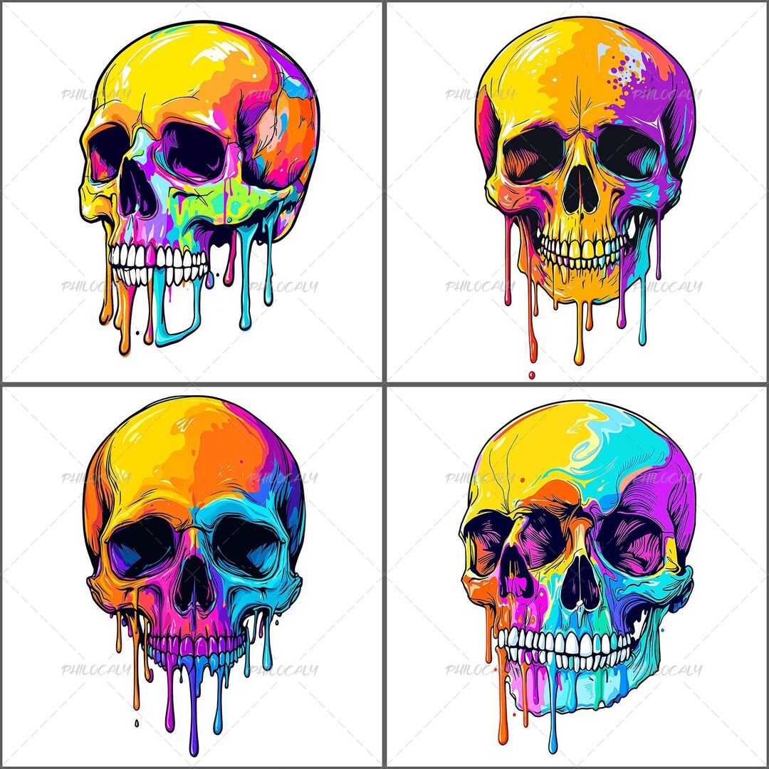 Colorful Dripping Skull PNG Bundle, Graffiti Skull Art, Tie Dye Skull ...