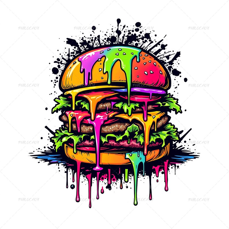 Colorful Burger PNG Bundle, Cartoon Fast Food Clipart Set, Rainbow ...