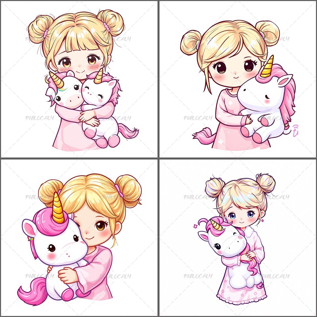 Cute Girl Unicorn PNG Set, Kawaii Clipart for Shirt, Cartoon Girl ...
