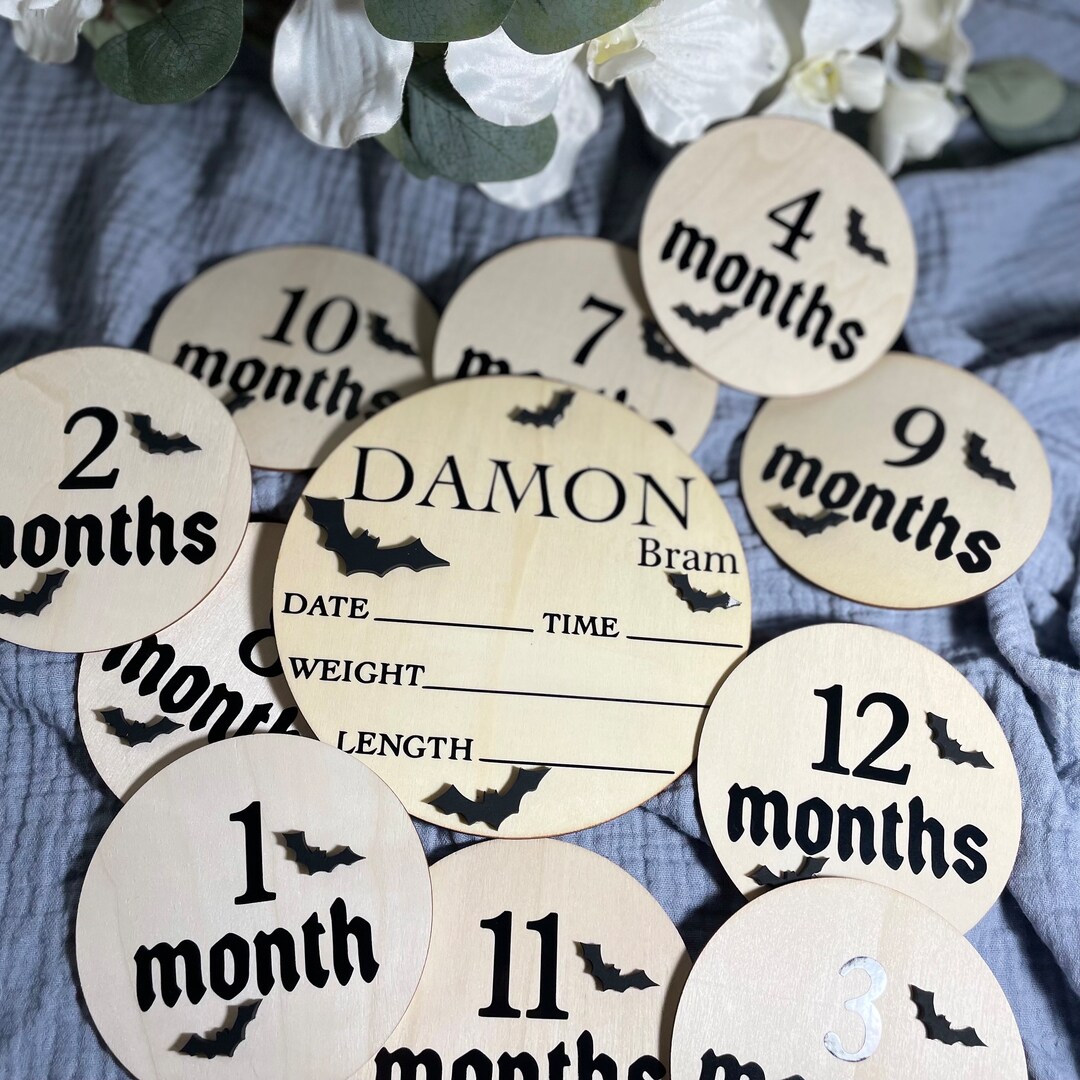 Wooden Bat Stats Sign and Monthly Milestone Discs Baby Bat Sign Newborn ...